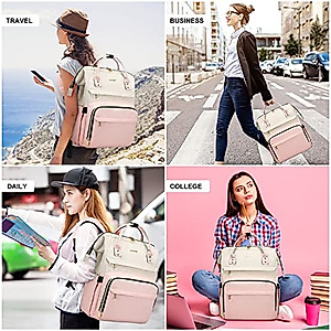 LOVEVOOK Laptop Backpack for Women, 17-inch Large Capacity Fashion Work Computer Backpacks Purse, Travel Business Bags, Doctor Nurse Backpack, Beige-Pink