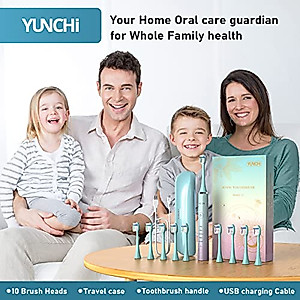 YUNCHI Sonic Electric Toothbrush for Adults & Kids, Y7 Rechargeable Toothbrushes, 10 Dupont Brush Heads, 5 Modes Fast Charge for 30 Days, 40,000 VPM Motor & 2 Mins Timer Tooth Brush, Green