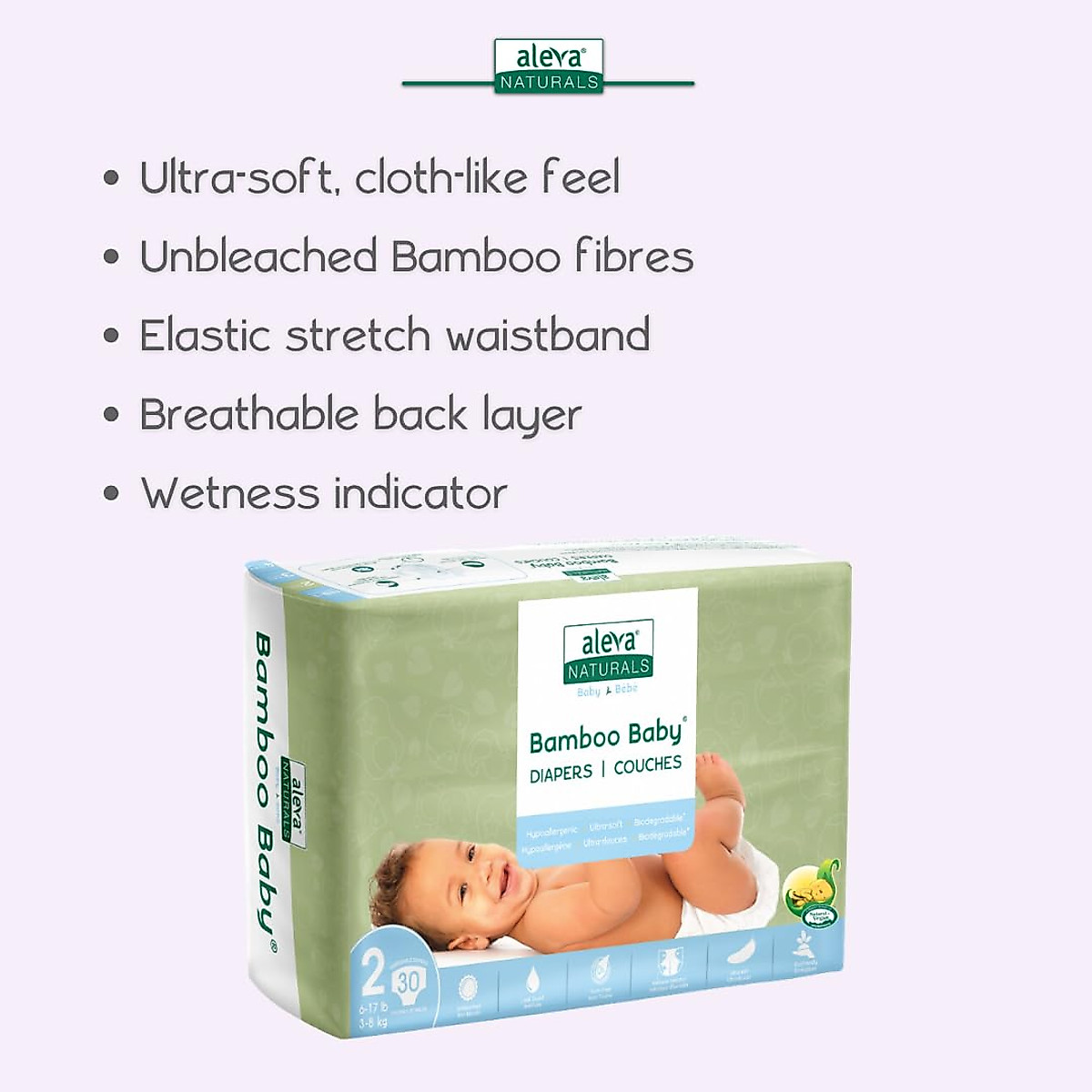 Aleva Naturals Hypoallergenic Bamboo Baby Diapers for Baby, Ultra Soft, Sensitive Skin Friendly, Biodegradable, Disposable– Size 2 (6-17 lbs/3-8 kg) | 30ct,37845