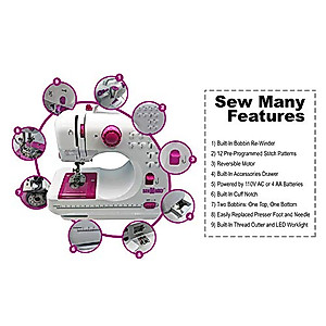 Sew Mighty Mini Sewing Machine – Portable, Battery & AC Powered, 12 Programmed Stitch Patterns, Dual Speed – Sews Forward & Reverse, AC Power or Battery Operated – Includes Foot Pedal