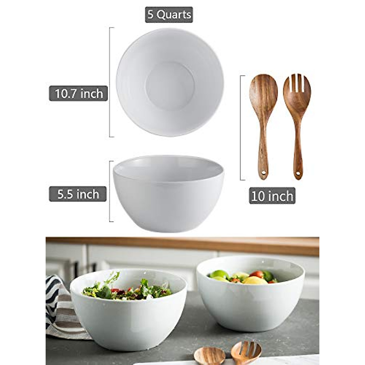 LAUCHUH 5 Quarts Porcelain Serving Bowl for Salad 10.7" Extra Large Serving Deep Bowl with Salad Spoon Set, 3 Pcs