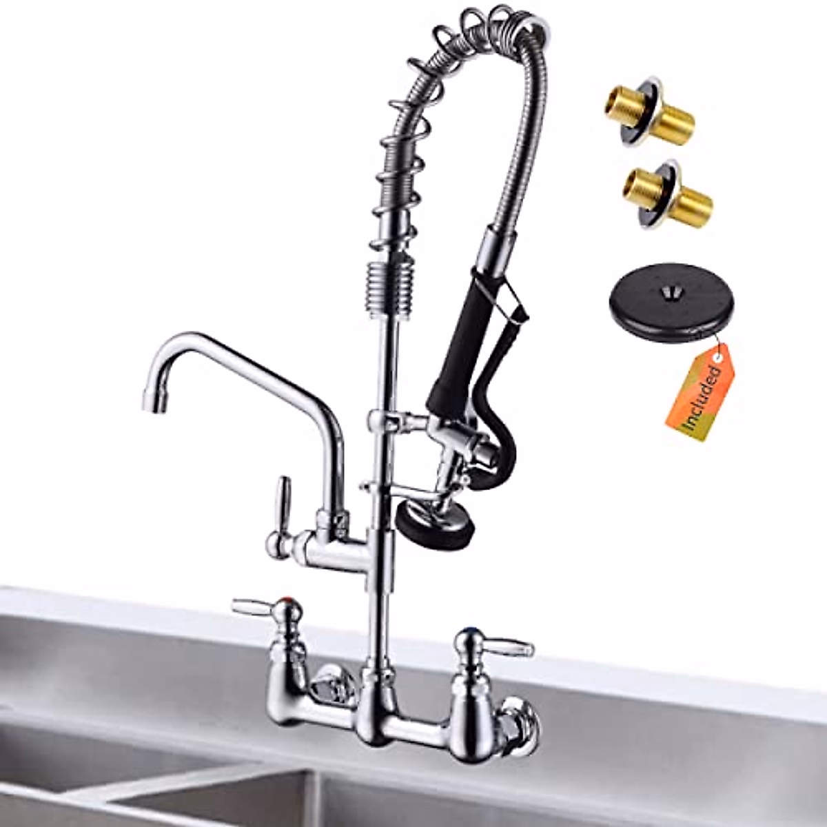 GOLREAN Commercial Sink Faucet with Pre-Rinse Sprayer, Wall Mount 8 Inch Center 26” Height with 8'' add- on Swivel Spout for 2-3 Compartment Utility Sink with Installation kit