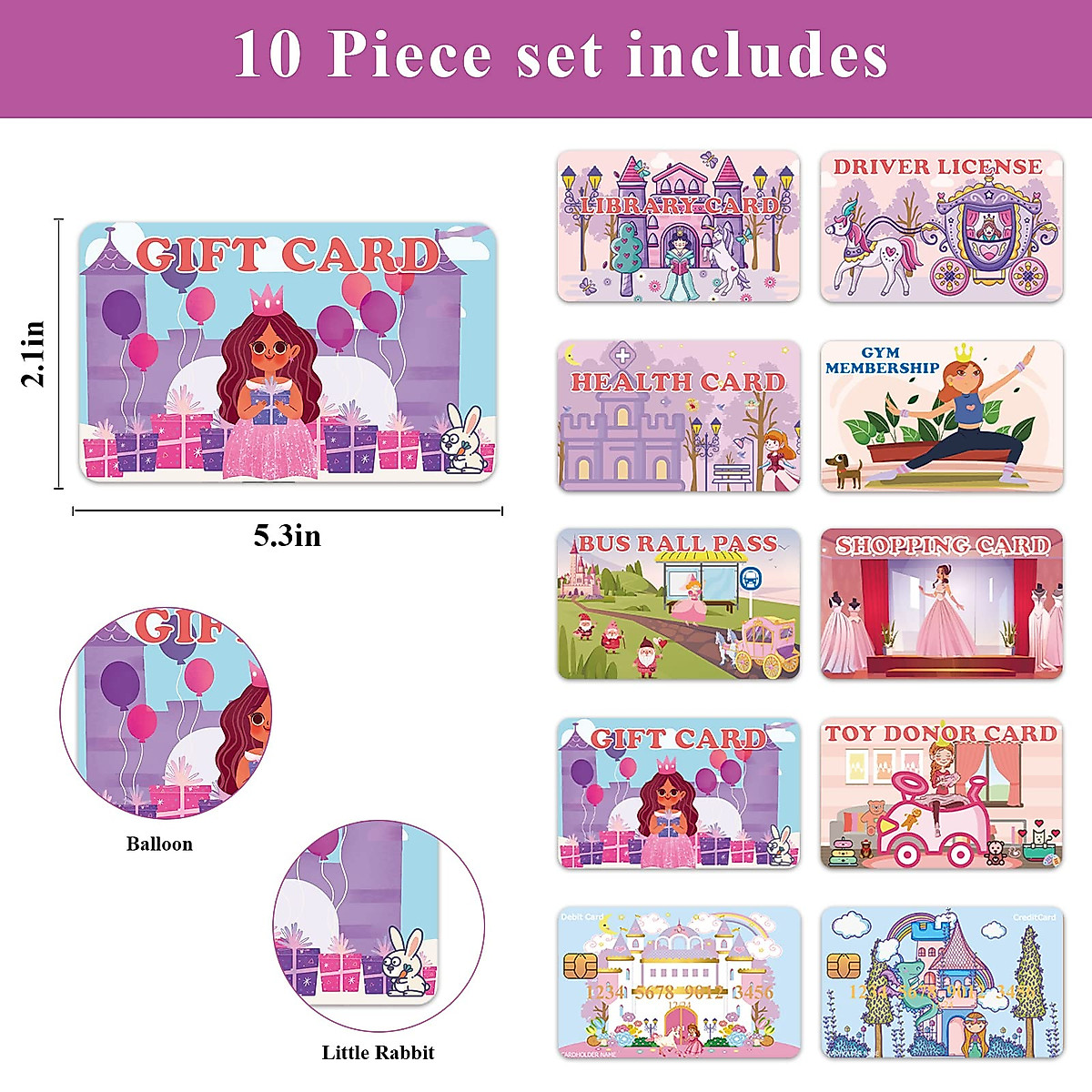 Fake Credit Cards for Kids, Princess Play Credit Cards Pretend Debit Credit Cards for Girls,Driver's License, Membership Play Cards, Fake Toy Cards 10pcs