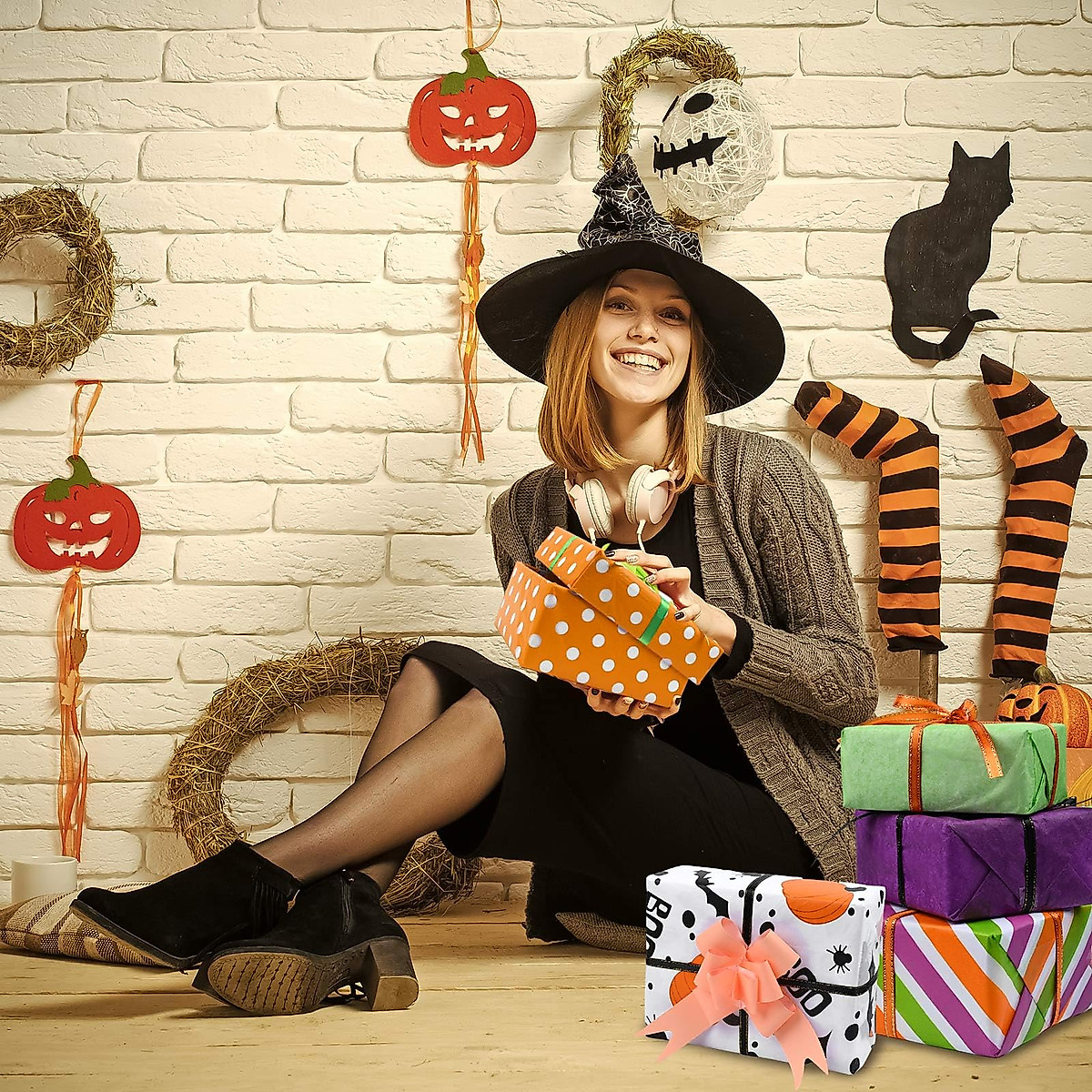 100 Sheets Halloween Tissue Paper for Gift Wrapping, Orange Purple Black Green Tissue Paper with Pumpkin Bat Ghost Boo Pattern Decorative Tissue for Halloween Party DIY Craft