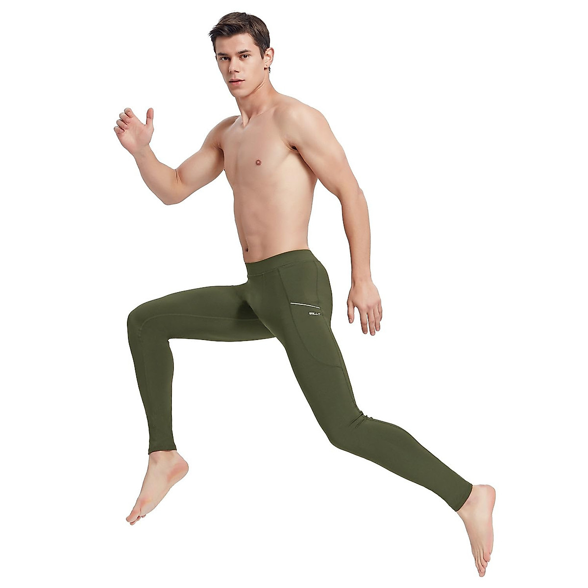 Willit Men's Active Yoga Leggings Pants Running Dance Tights with Pockets Cycling Workout Pants Quick Dry Army Green S