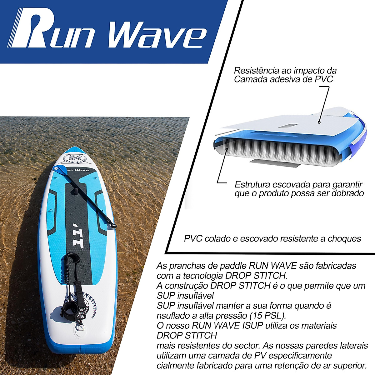 Run Wave Inflatable Stand Up Paddle Board 11'×33''×6''(6'' Thick) Non-Slip Deck with Premium SUP Accessories | Wide Stance, Bottom Fins for Surfing Control | Youth Adults Beginner (Kohala Blue)