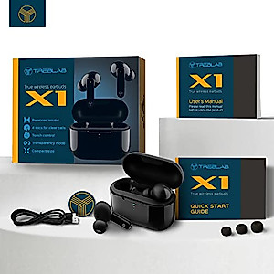 TREBLAB X1 - True Wireless Earbuds, IPX4 Waterproof Bluetooth Earbuds with Touch Control, Voice Assistant, Transparency Mode,Gaming Mode, Up to 24 Hour Playtime, Includes Charging Case, Black(Renewed)