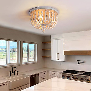 Q&S Wood Beaded Chandelier,Boho Farmhouse Light Fixture,Oak White,3 Lights,Semi Flush Mount Ceiling Light Fixtures for Hallway Baby's Nursery Bedroom Kitchen Living Room