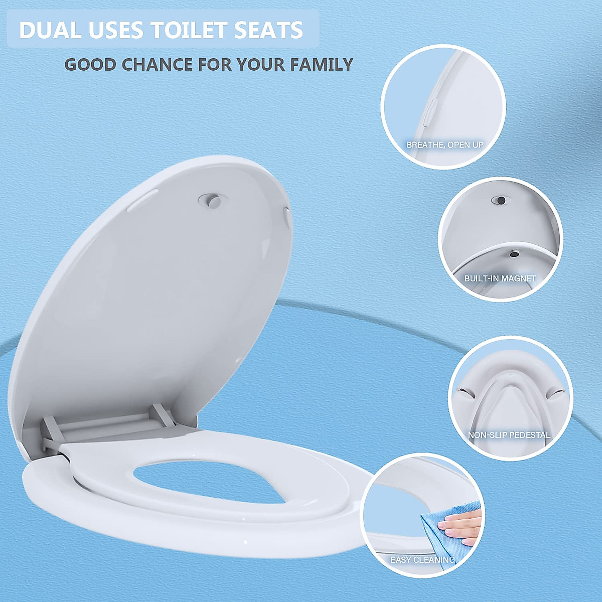 JINGZE Elongated Toilet Seat Built-In Potty Training Seat, Soft Quiet Close Non-Slip Seat, Easy to Install & Clean,Magnetic Kids Seat and Cover for Elongated Oval Toilets,White