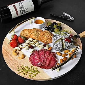 Marble Cheese Board with Handle 13" Round - Beautifully Handcrafted Marble and Wood Charcuterie Board - Wonderful Housewarming Gift