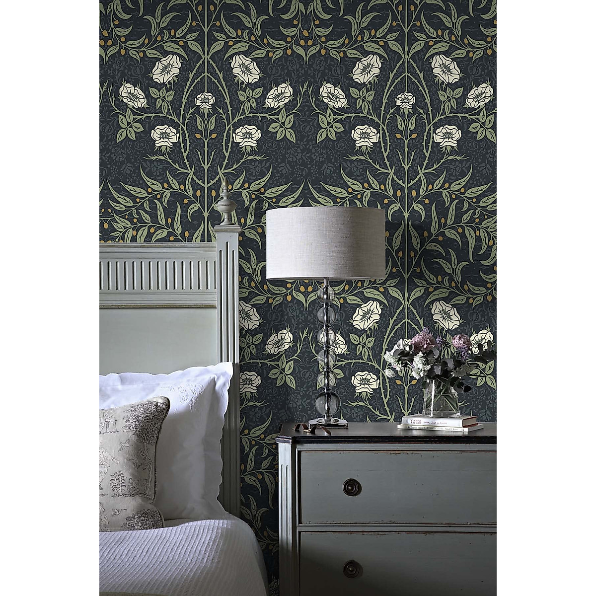 NextWall Stenciled Floral Peel and Stick Wallpaper (Navy & Sage)