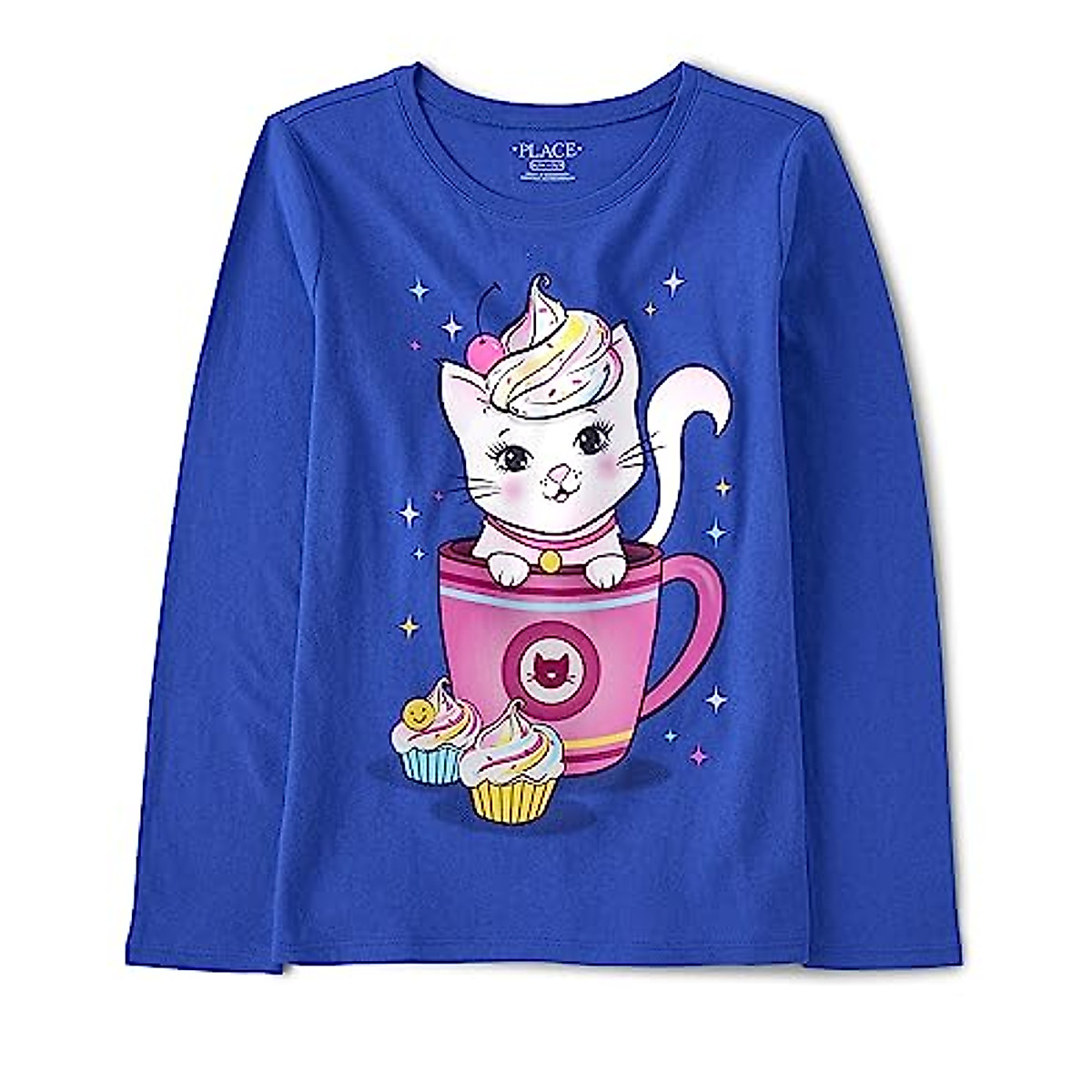 The Children's Place Girls Assorted Everyday Long Sleeve Graphic T-Shirts Cool Cobalt Cat Medium