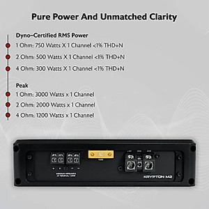 Rockville KRYPTON-M2 Mono Car Amplifier, 1 Ohm, 3000W, Class-D, EQ, Low Pass Filter, Dyno-Certified, Bass Remote, Perfect for Subwoofers and Car Audio