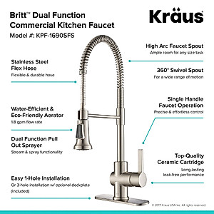 Kraus KPF-1690SFS Britt Pre-Rinse/Commercial Kitchen Faucet with Dual Function Sprayhead in all-Brite Finish, Spot Free Stainless Steel