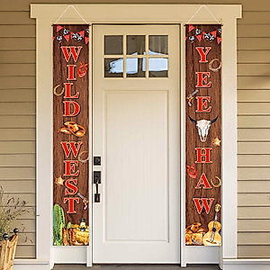 Funnytree Western Cowboy Yee Haw Theme Porch Sign Door Cover Banner for Wild West Cowgirl Birthday Welcome Party Supplies Decorations Flag Hanging Home Wall Decor Sign 11.8x70.9 Inch 2PCS