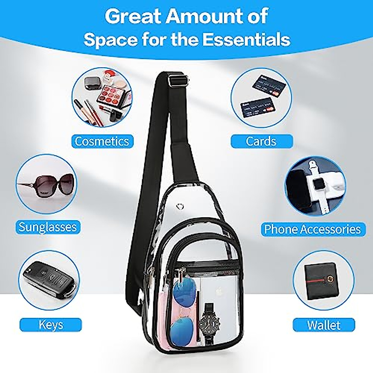 HAOGUAGUA Clear Sling Bag, Clear Crossbody Bag Stadium Approved, Transparent Chest Daypack for Hiking, Stadium or Concerts (Black)