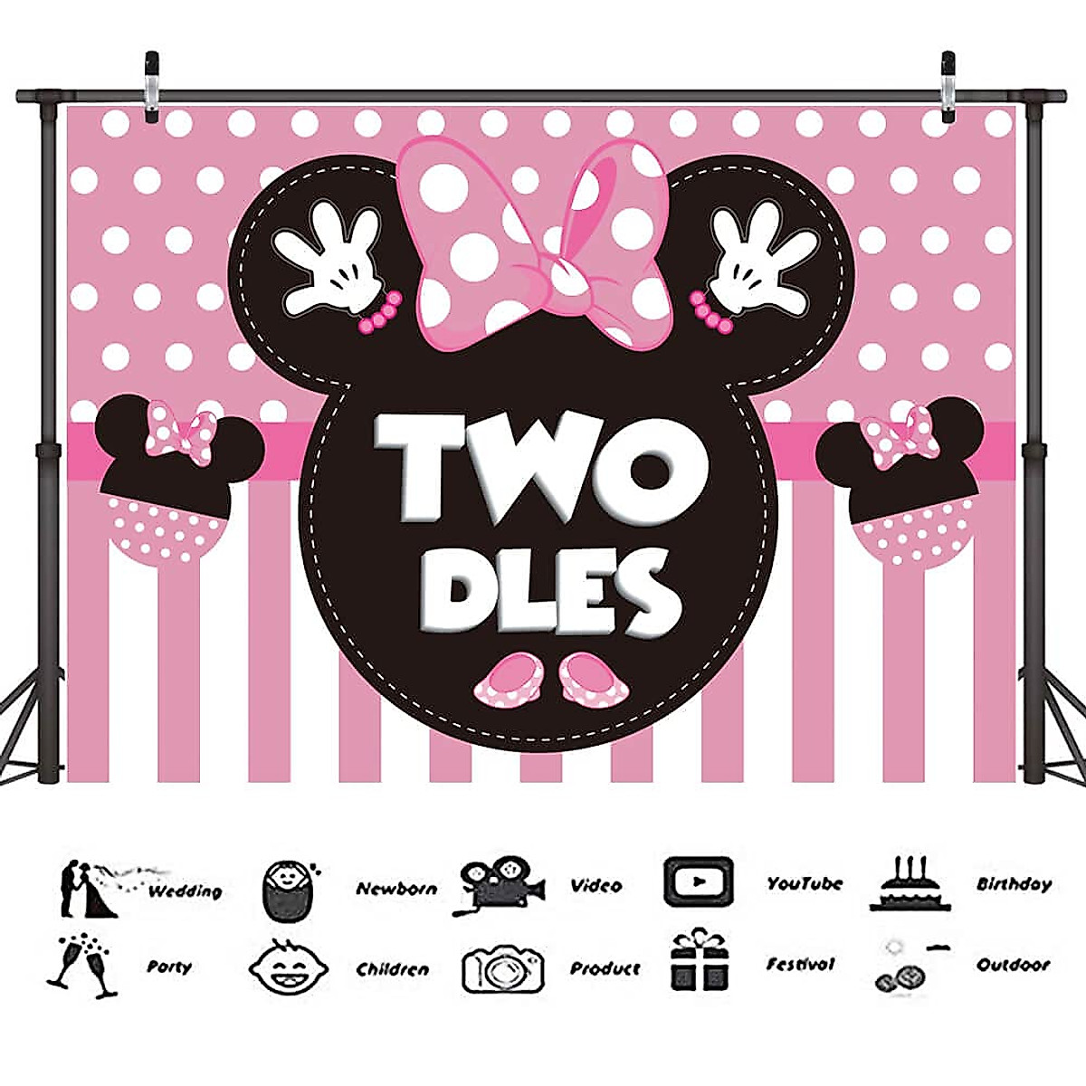 HEETON Pink Mouse Twodles Birthday Party Supplies Decorations Pink Girl Second Fabric Banner Backdrop for Baby Two Years Old 2nd Birthday Photo Props Background -7 x 5ft