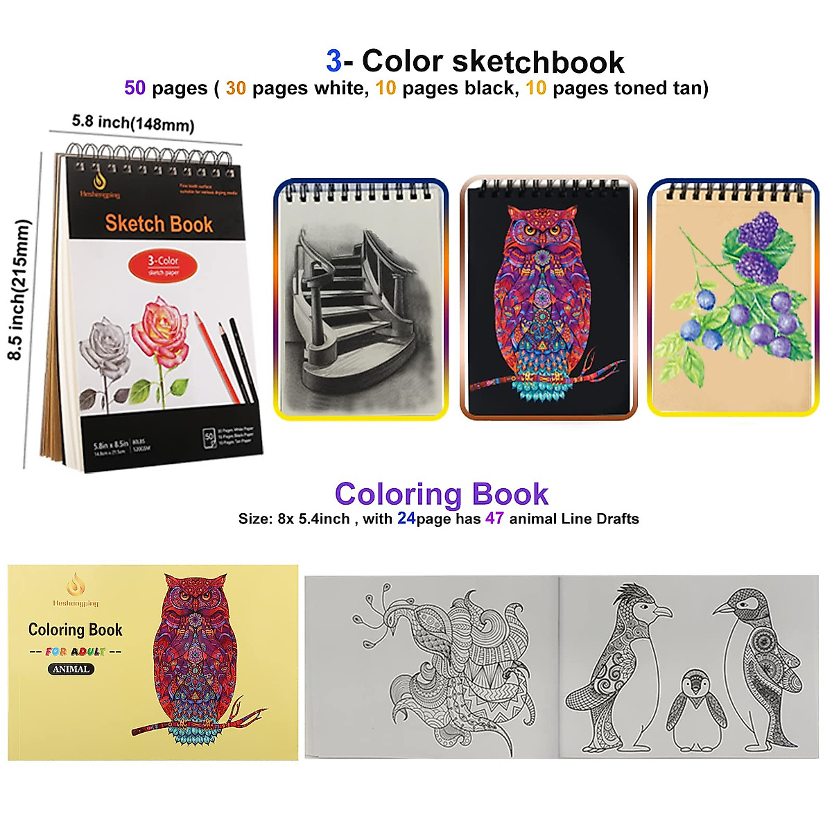 Heshengping, 41pcs Sketching Pencil Set Drawing Sketch Kit Graphite Pencils Charcoal Pencils Watercolor Pencils Blending Stumps 50page sketchbook, coloring book, Beginners Artist Teens and Adults