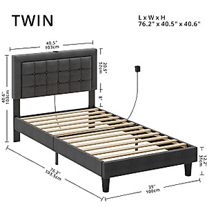 ANCTOR Twin Bed Frame with USB Ports, Platform Bed with Height Adjustable Upholstered Headboard, Heavy Duty Steel Support Legs, Easy Assembly, No Box Spring Needed, Grey