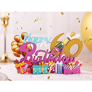 Liif Happy 60Th Birthday 3D Greeting Pop Up Card, Happy Birthday Card For Women, Men, Funny, 60 Years Old, Balloon, Champagne, Celebration - With 60 Gold Glitter & Message Note