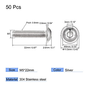 uxcell Flanged Button Head Socket Cap Screws, M5*22mm Hex Socket Drive Screw, 304 Stainless Steel Fasteners Bolts, Fully Threaded Machine Screw 50Pcs
