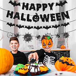Happy Halloween Banner, NO-DIY Spider Web Halloween Decorations Garland Bat Garland Black Glitter Halloween Banner, Spider Garland for Halloween Office Decorations Halloween Classroom Decorations