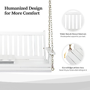 VINGLI Heavy Duty 880 LBS Wooden Patio Porch Swing with Cup Holder, Outdoor Swing Chair Bench with Adjustable Chains for Porch, Yard, Balcony, Tree (5FT, White)