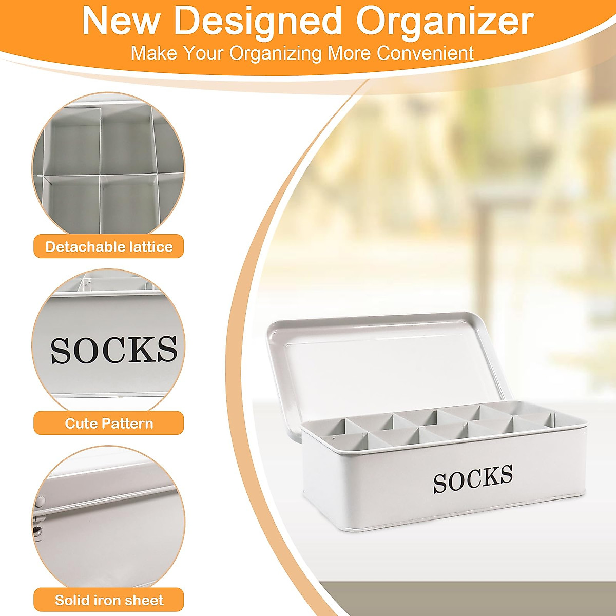 Gdfjiy Storage Bin, Metal Storage Organizer with Lid & 10 Adjustable Grids, Socks Drawer Organizer for Closet, Underwear, Panty, Ties, Ornament (White, 12 inches Wide, 1.0 lbs)