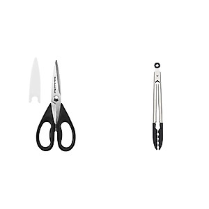 KitchenAid All Purpose Shears with Protective Sheath and Silicone Tipped Stainless Steel Tongs Black