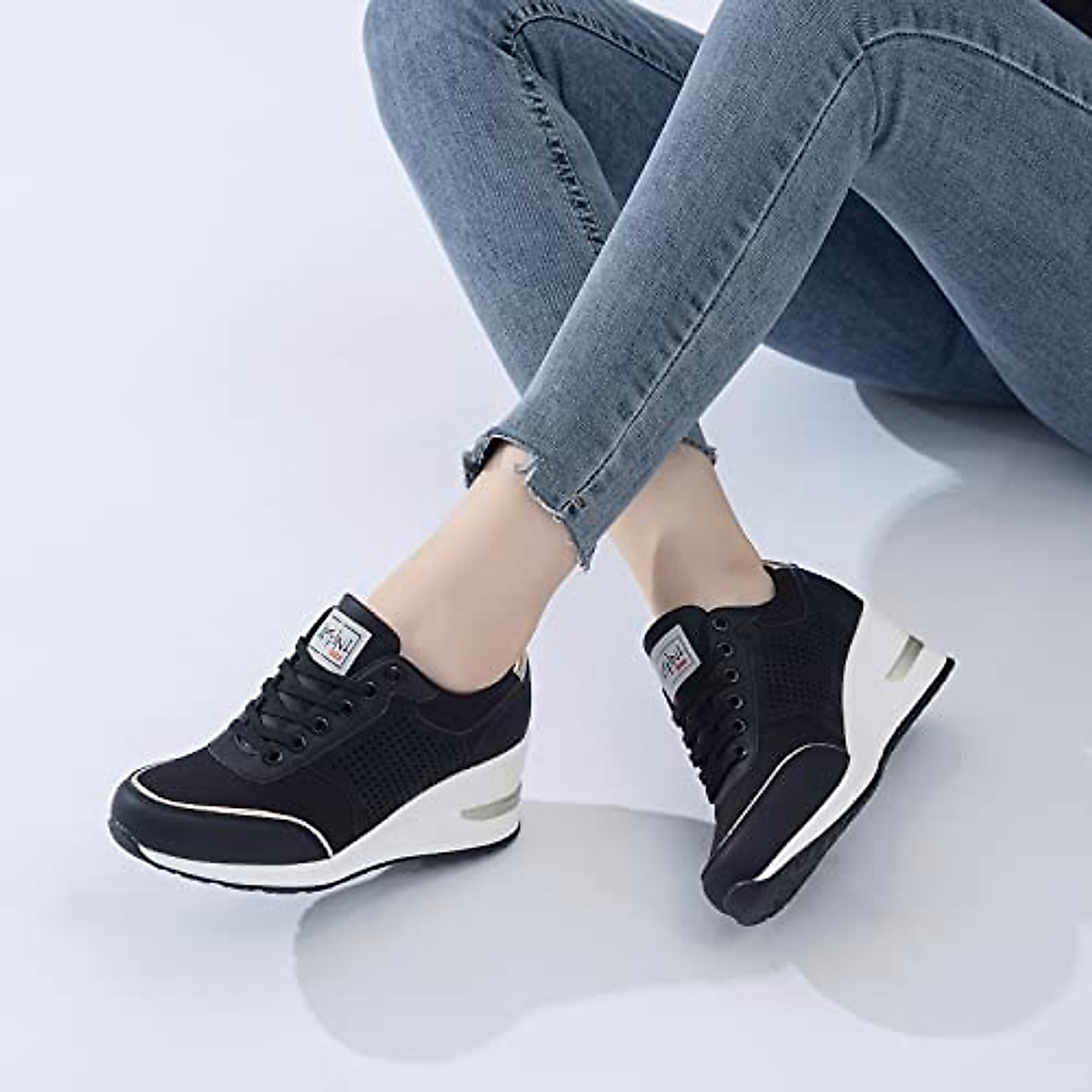 Cestfini Black High Heel Wedge Sneakers for Women Dressy Fashion Platform Sneakers Hidden Wedge Sneakers Tennis Shoes