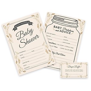 Simple-Glee Baby Shower Invitations Kit - 25 Gender Neutral Rustic Invites, Prediction and Advice Cards, Diaper Raffle Tickets - comes with Envelopes