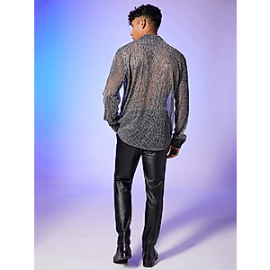 WDIRARA Men's Sheer Mesh See Through Glitter Button Front Long Sleeve Shirt Tops Silver XL
