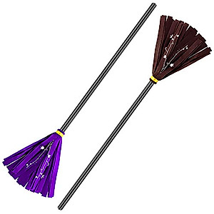 Elcoho 2 Pieces Halloween Props Witches Broom Witch Broomstick Retractable Silver Stars Design Witch Broomstick for Halloween Costume Decoration