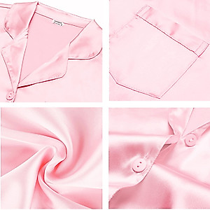 SWOMOG Long Sleeve Pajamas Set Silk Satin Sleepwear Button Down Pjs Loungewear with Pocket Light Pink Medium