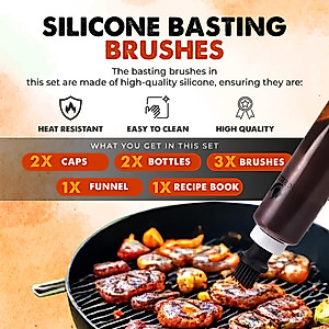 Sauce Basting Bottle Set for Grilling with 3 Silicone BBQ Basting Brush Caps & 2 Squeeze Caps - Squeeze Bottles for Sauces with Applicators, Storage Caps & Funnel - Condiment Sauce Dispenser