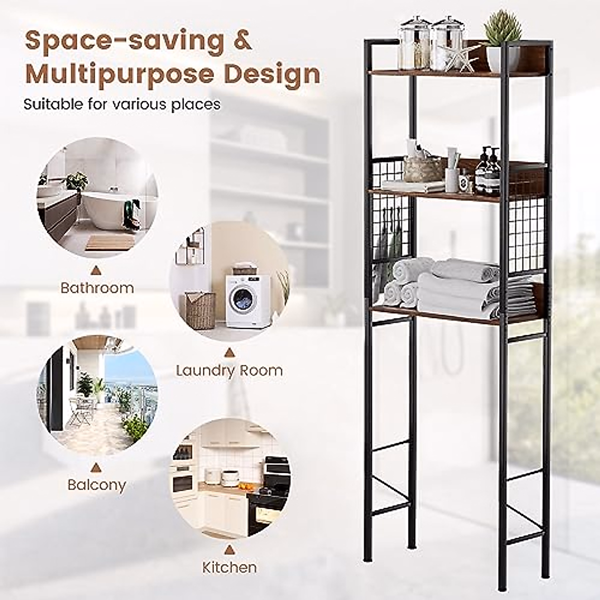 Giantex Over-The-Toilet Storage Shelf, 3-Tier Bathroom Space Saver with 3 Hooks, Industrial Tower Rack for Restroom, Kitchen, Freestanding Bathroom Organizer (Rustic Brown)