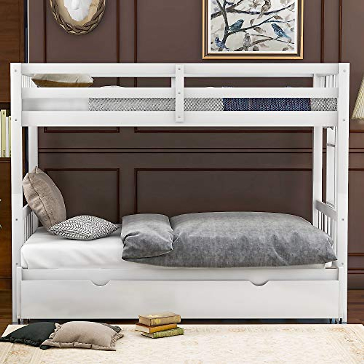 KLMM Twin Over Pull-Out Bunk Bed with Trundle, Wooden Twin Over Twin/Full/Queen/King Accommodate 4 People Extendable Bunk Beds with Ladder and Safety Rail (White)