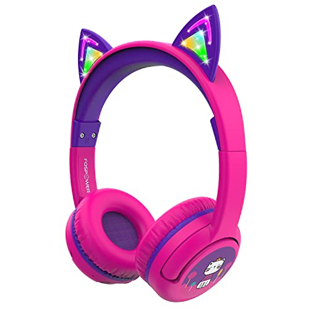 FosPower Bluetooth Kids Headphones with 3.5mm Audio Cable Included, Up to 50 Hours of Playtime & LED Light Up Ears, Wireless or Cable Connected Headphones for Kids (Max 85dB) - Hot Pink/Purple