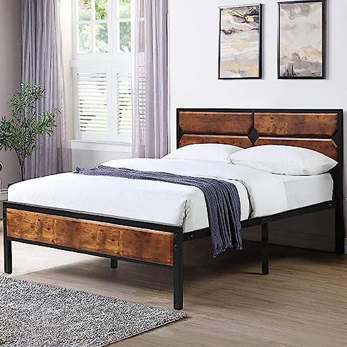 VECELO Bed Frame Queen Size with Wooden Headboard & Footboard, Metal Platform Mattress Foundation with Strong Slats Support& Storage Space, No Box Spring Needed/Easily Assemble,Brown