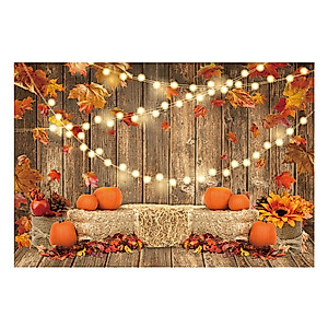 Funnytree 7x5FT Fall Pumpkin Photography Backdrop Autumn Thanksgiving Harvest Hay Leaves Wooden Background Sunflower Maple Baby Shower Banner Decoration Party Supplies Photo Booth Prop