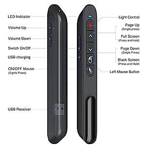 DINOSTRIKE Wireless Presenter Remote with Air Mouse Control, Rechargeable USB Presentation Clicker PPT Pointer RF 2.4GZ PowerPoint Clicker Slide Advancer for Computer Laptop Mac