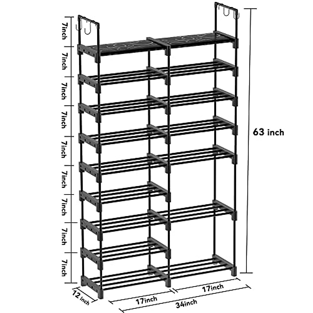 UMBFUN 9 Tiers Shoes Rack Organizer for Entryway Hold 32-40 Pairs Shoes and Boots Black Metal Garage Shoes Storage Tall Stackable Free Standing Big Shoe Rack for Closet with 4 Hooks(2x9)