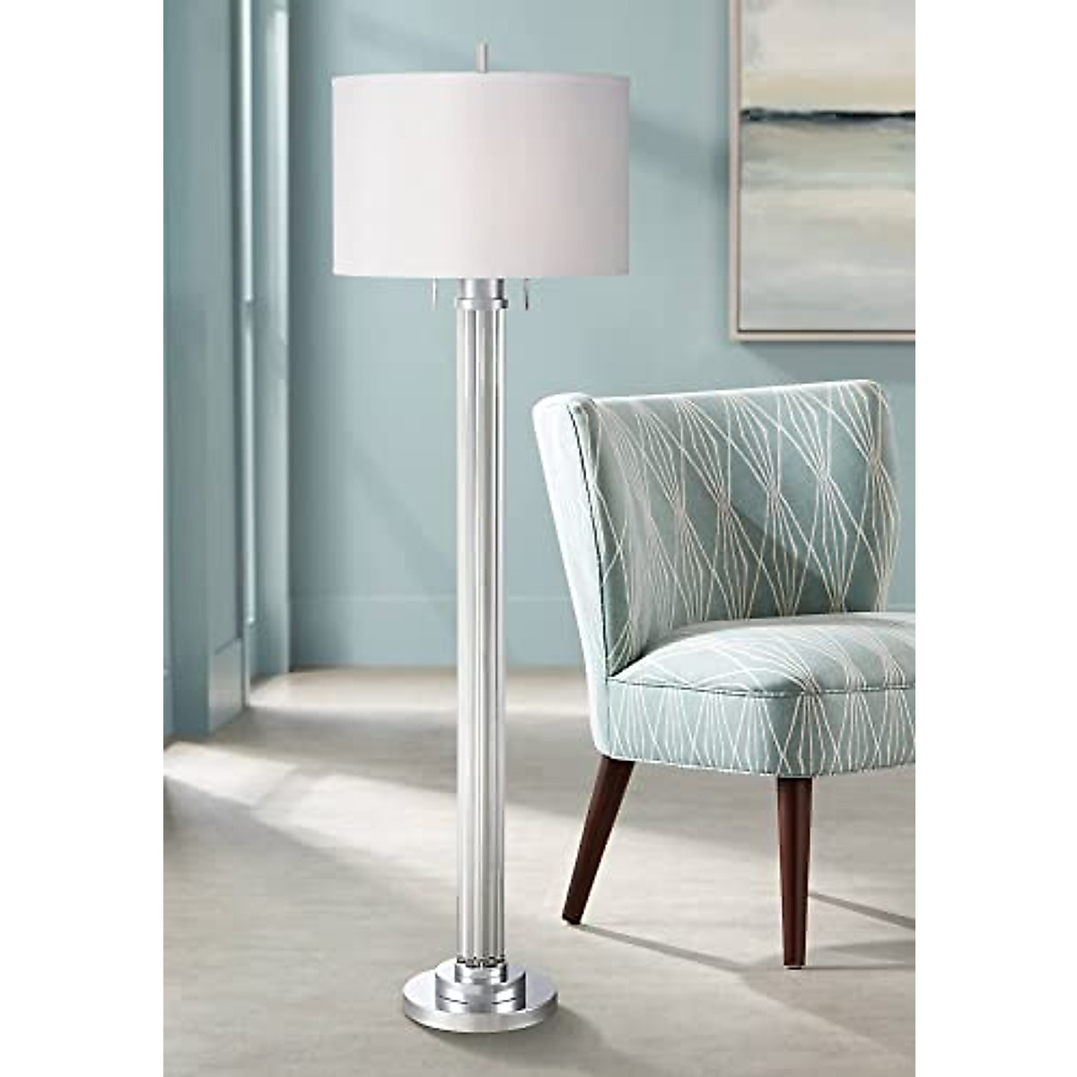 Possini Euro Design Cadence Modern Glam Style Floor Lamp Art Deco 62" Tall Brushed Nickel Crystal Glass Standing Column Linen Fabric Drum Shade for Living Room Reading House Bedroom