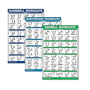 QuickFit 3 Pack - Dumbbell Workouts + Bodyweight Exercises + Barbell Routine Poster Set - Set of 3 Workout Charts (Laminated, 18" x 27")