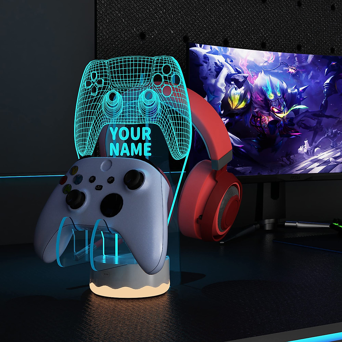 Light up Headphone Controller Holder, 16 Colors 3D LED Lights Gamepad Stand, Game Controller Hanger for All Universal Gaming PC Accessories (Customize Headphone & Controller Holder)