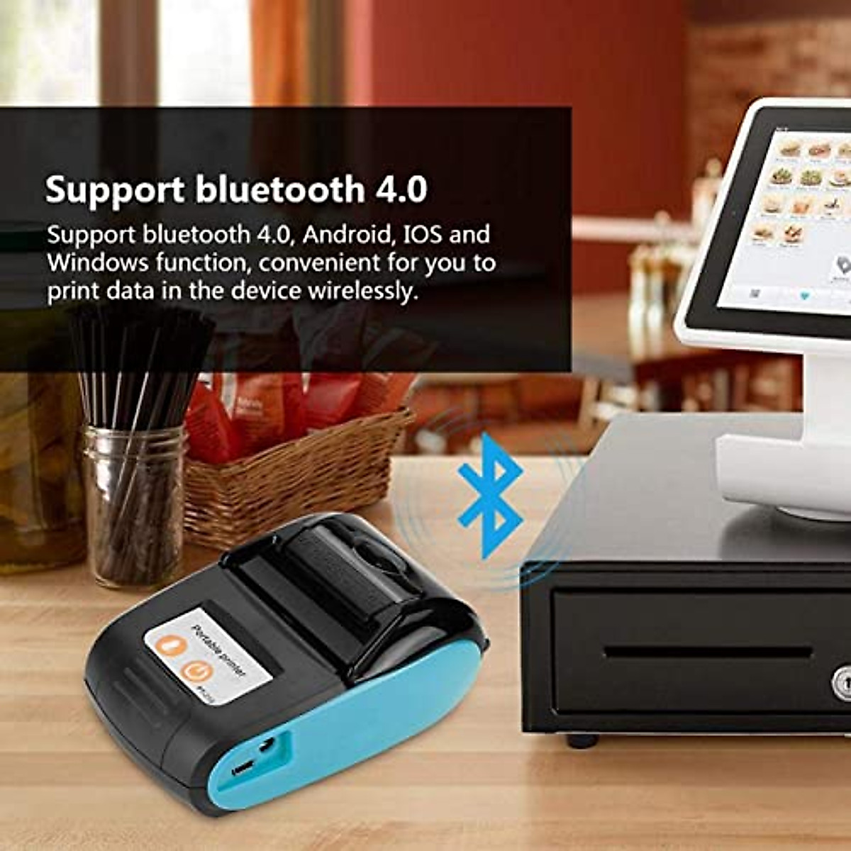 Tangxi Thermal Printer, PT - 210 Wireless Portable Receipt Printer DC 9V / 2A Bluetooth Thermal Bill Printer 203DPI Interface Power Jack Mini USB Support Bluetooth 4.0, Android, iOS and Windows(Blue)