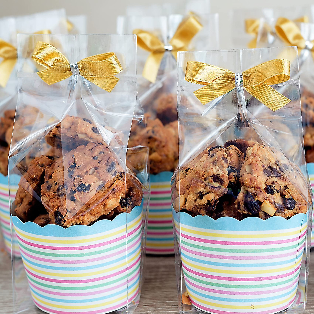 Yotelab Flat Bottom Cellophane Bags, 4x4x9 Inches Gusseted Cellophane Bags With Paper Insert,100 Pieces