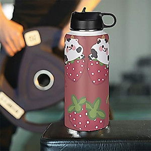 EmroyouYi Strawberry Cow Stainless Steel Sports Water Bottle with Straw Lid Insulated Thermo Mug Gifts for Friends white 32oz