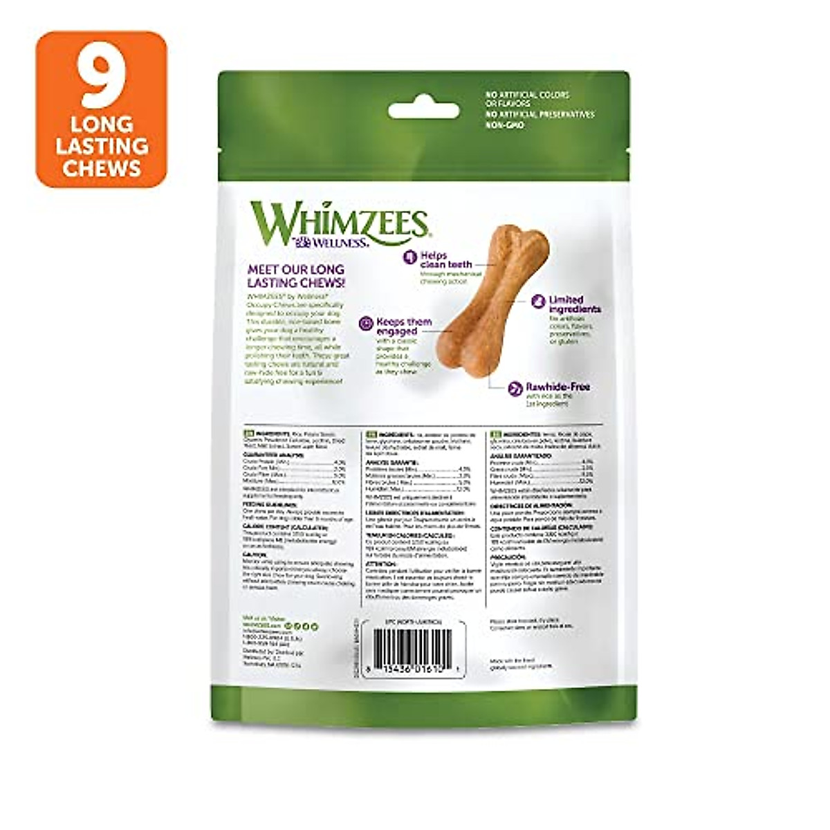 WHIMZEES by Wellness Rice Bone Natural Dog Dental Chews, Long Lasting Treats, Grain-Free, Freshens Breath, For Dogs 25-60 lbs, 9 count