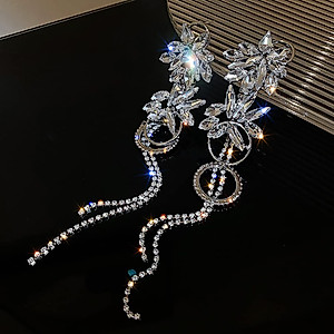 Missgrace Luxury Silver Rhinestones Drop Earrings Rhinestone Punk Earrings Jewelry Silver Boho Vintage Statement Earrings Long Dangle Earrings for Women